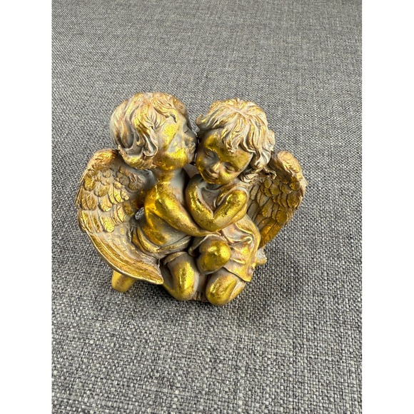 Art | Cherubic Angel Duo Embrace Figurine Gold Tone Sitting Together ...